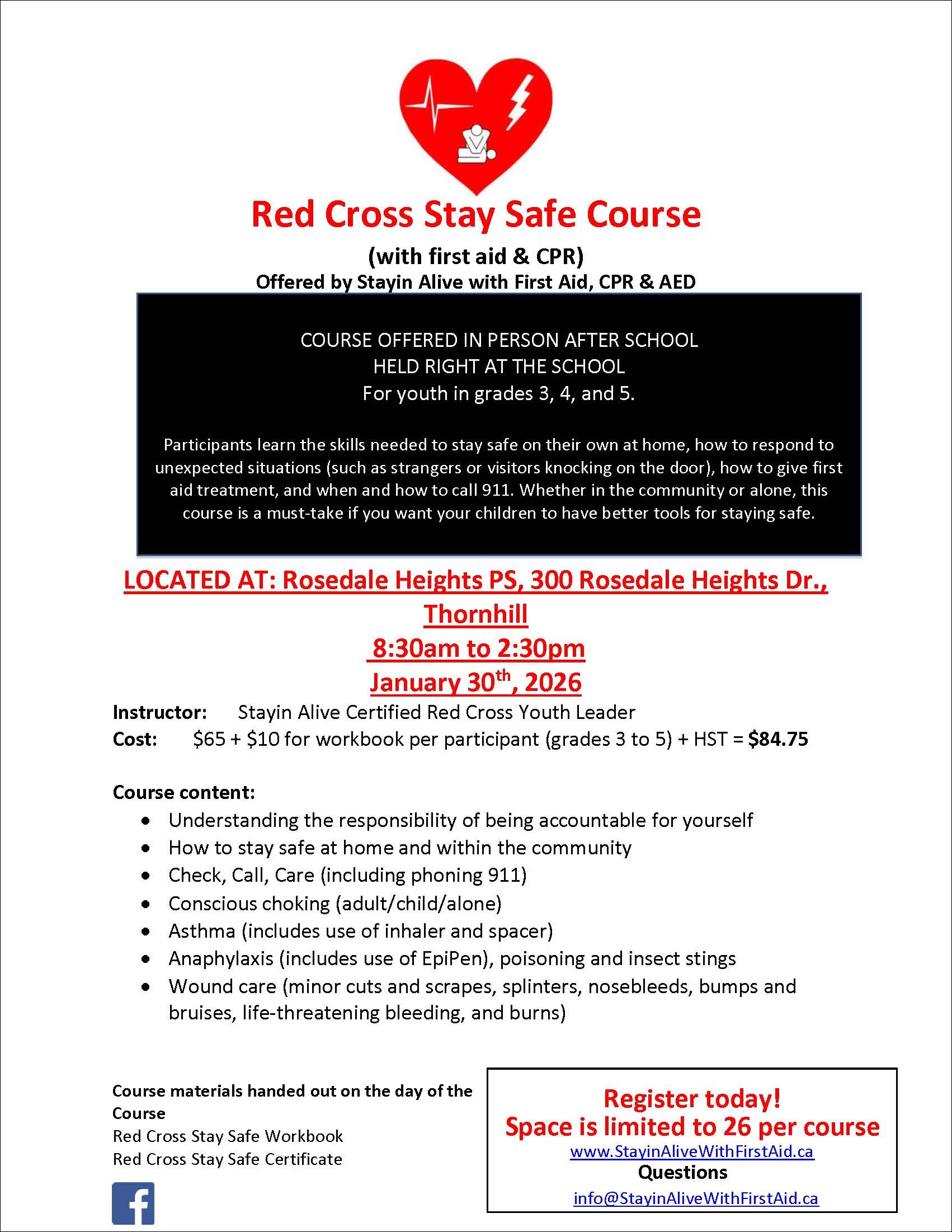 P.A. Day Red Cross Stay Safe Course – Rosedale Heights Public School